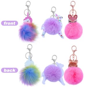 WILLBOND 3 Pieces Cute Animal Unicorn Pom Pom Keychain Faux Fluffy Key Ring for Women Girls (Fox Alpaca Unicorn Style)