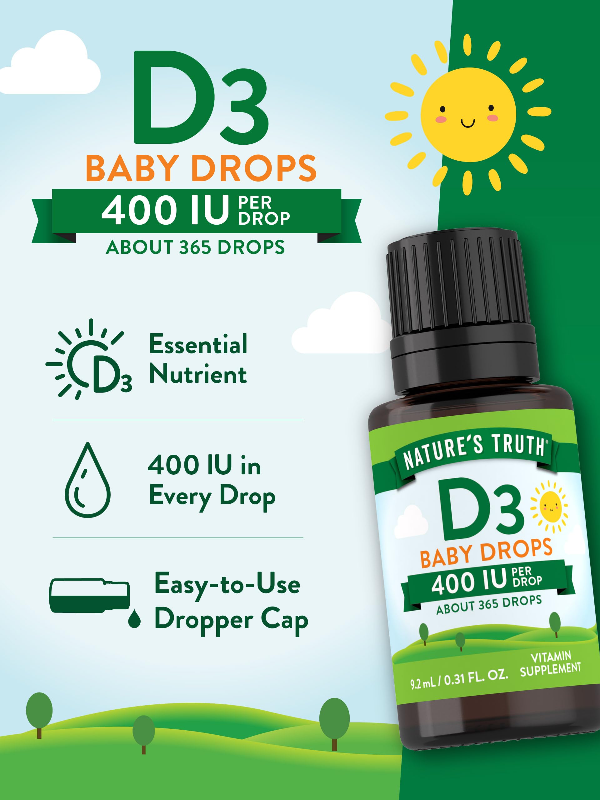 Nature's Truth Vitamin D Drops for Infants | 400 IU | 9.2 mL | D3 Drops for Kids | Vegetarian, Non-GMO, Gluten Free Supplement