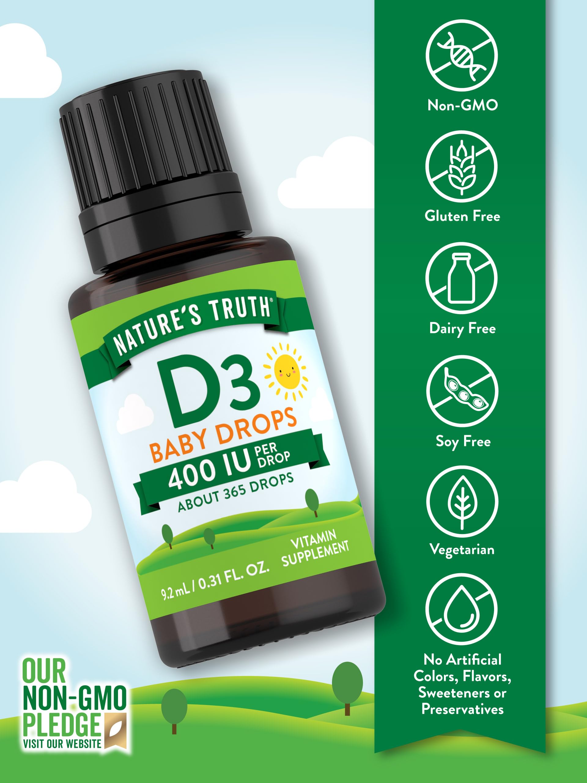 Nature's Truth Vitamin D Drops for Infants | 400 IU | 9.2 mL | D3 Drops for Kids | Vegetarian, Non-GMO, Gluten Free Supplement