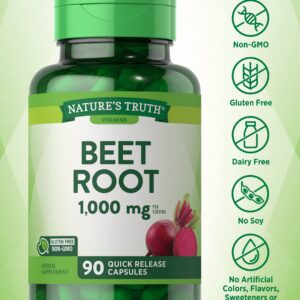 Nature's Truth Beet Root Capsules | 1000mg | 90 Pills | Herbal Extract | Gluten Free, Non-GMO Supplement, 90 Count