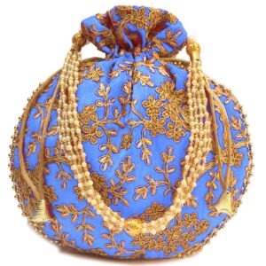 potli bag for women purse clutch pearls handle embroidered silk batwa with intricate gold thread & sequin (h*l:9 * 9.5(inch),(23x24(cm),(handle dm:- h*l(cm) 20 * 14) (sky blue)