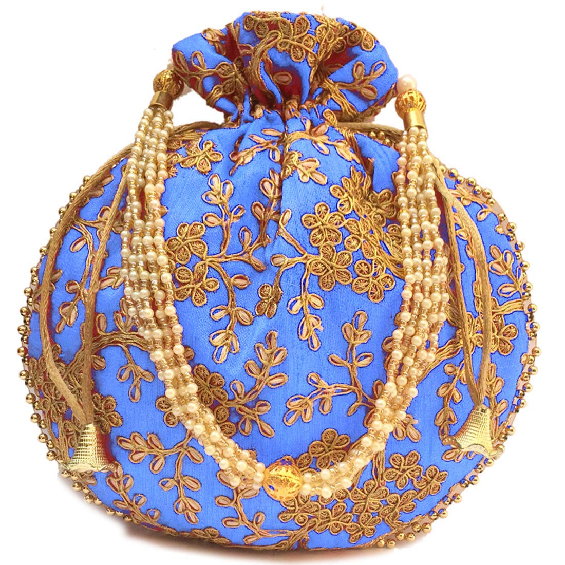 Potli Bag for Women Purse Clutch Pearls Handle Embroidered Silk Batwa With Intricate Gold Thread & Sequin (H*L:9 * 9.5(Inch),(23x24(CM),(Handle Dm:- H*L(cm) 20 * 14) (Sky Blue)