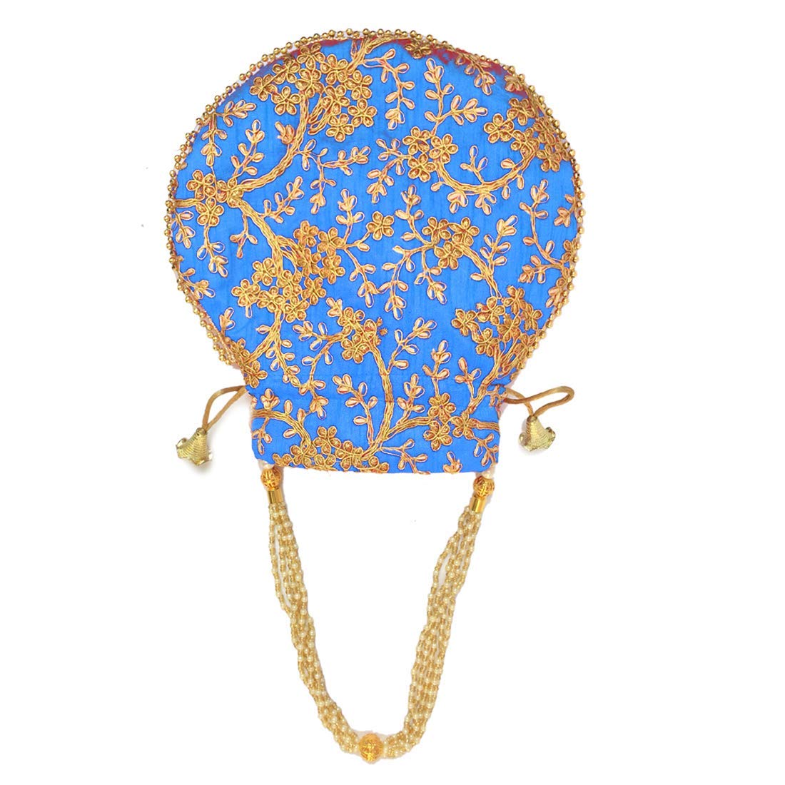 Potli Bag for Women Purse Clutch Pearls Handle Embroidered Silk Batwa With Intricate Gold Thread & Sequin (H*L:9 * 9.5(Inch),(23x24(CM),(Handle Dm:- H*L(cm) 20 * 14) (Sky Blue)