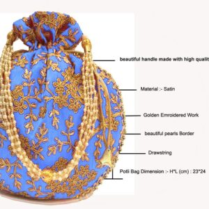 Potli Bag for Women Purse Clutch Pearls Handle Embroidered Silk Batwa With Intricate Gold Thread & Sequin (H*L:9 * 9.5(Inch),(23x24(CM),(Handle Dm:- H*L(cm) 20 * 14) (Sky Blue)