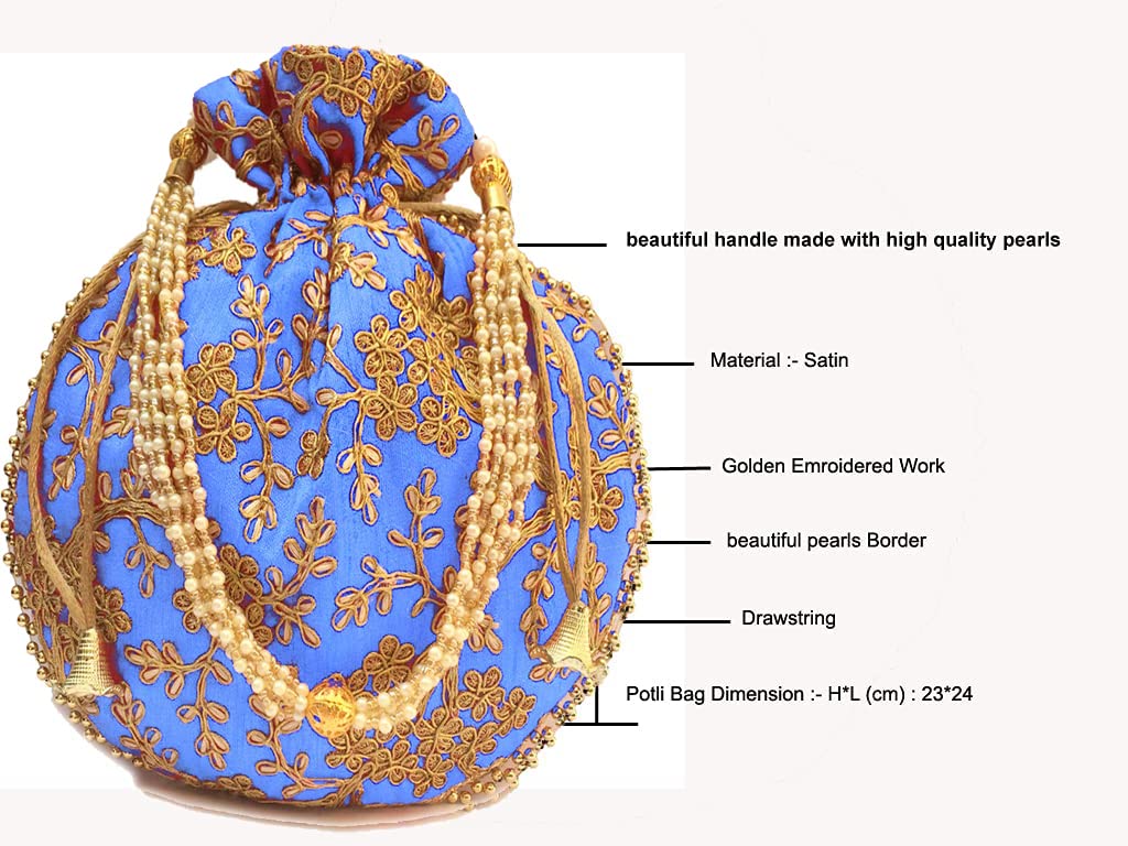 Potli Bag for Women Purse Clutch Pearls Handle Embroidered Silk Batwa With Intricate Gold Thread & Sequin (H*L:9 * 9.5(Inch),(23x24(CM),(Handle Dm:- H*L(cm) 20 * 14) (Sky Blue)