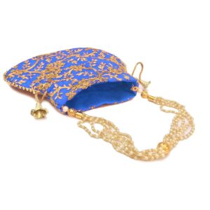 Potli Bag for Women Purse Clutch Pearls Handle Embroidered Silk Batwa With Intricate Gold Thread & Sequin (H*L:9 * 9.5(Inch),(23x24(CM),(Handle Dm:- H*L(cm) 20 * 14) (Sky Blue)