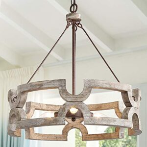 ksana farmhouse chandelier, wood drum chandeliers for dining rooms, living room, hand-painted white finish, w19.5” x h21”