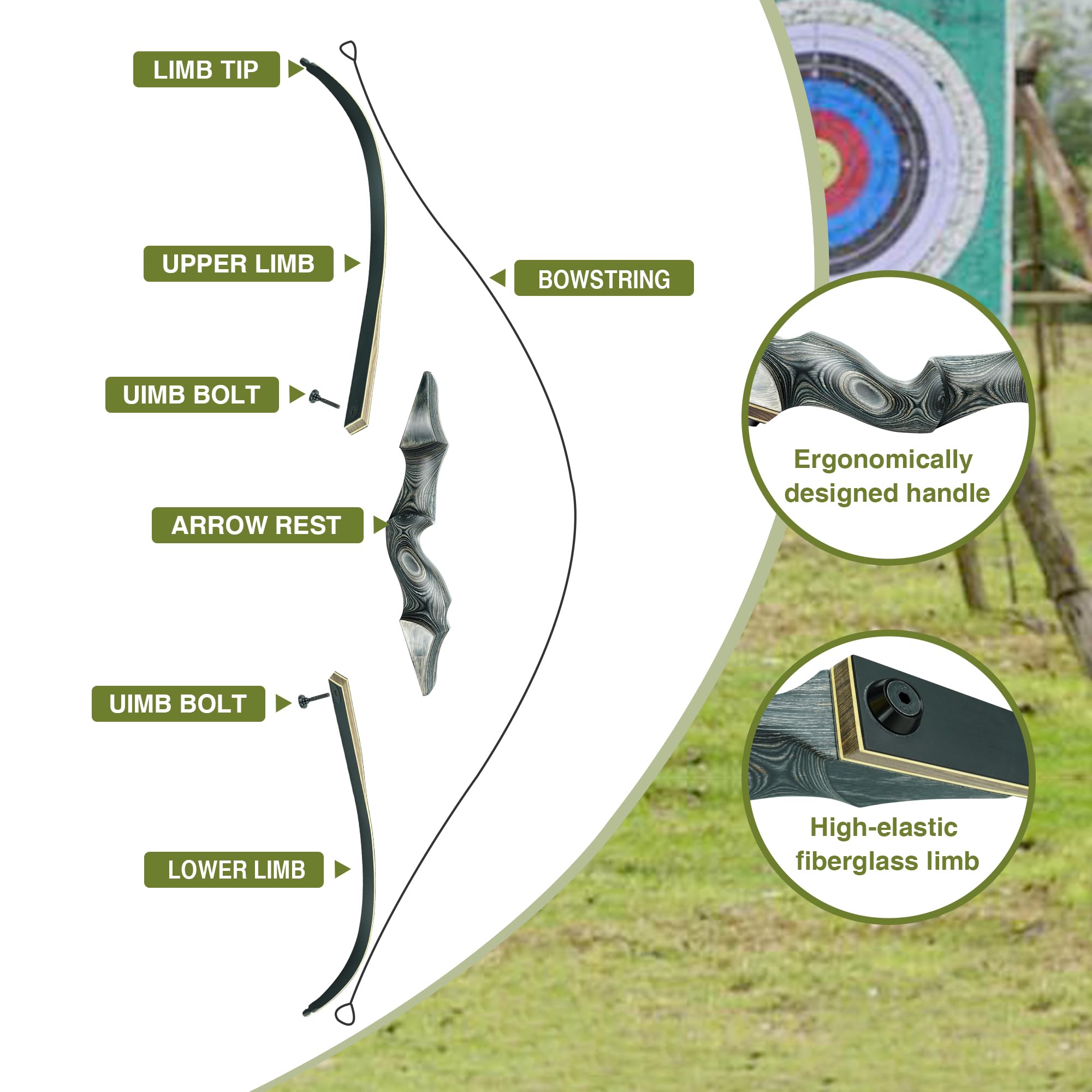 Black Hunter Takedown Recurve Bow, 60" Right Handed with Ergonomic Design for Outdoor Training Practice (30lb, Right)