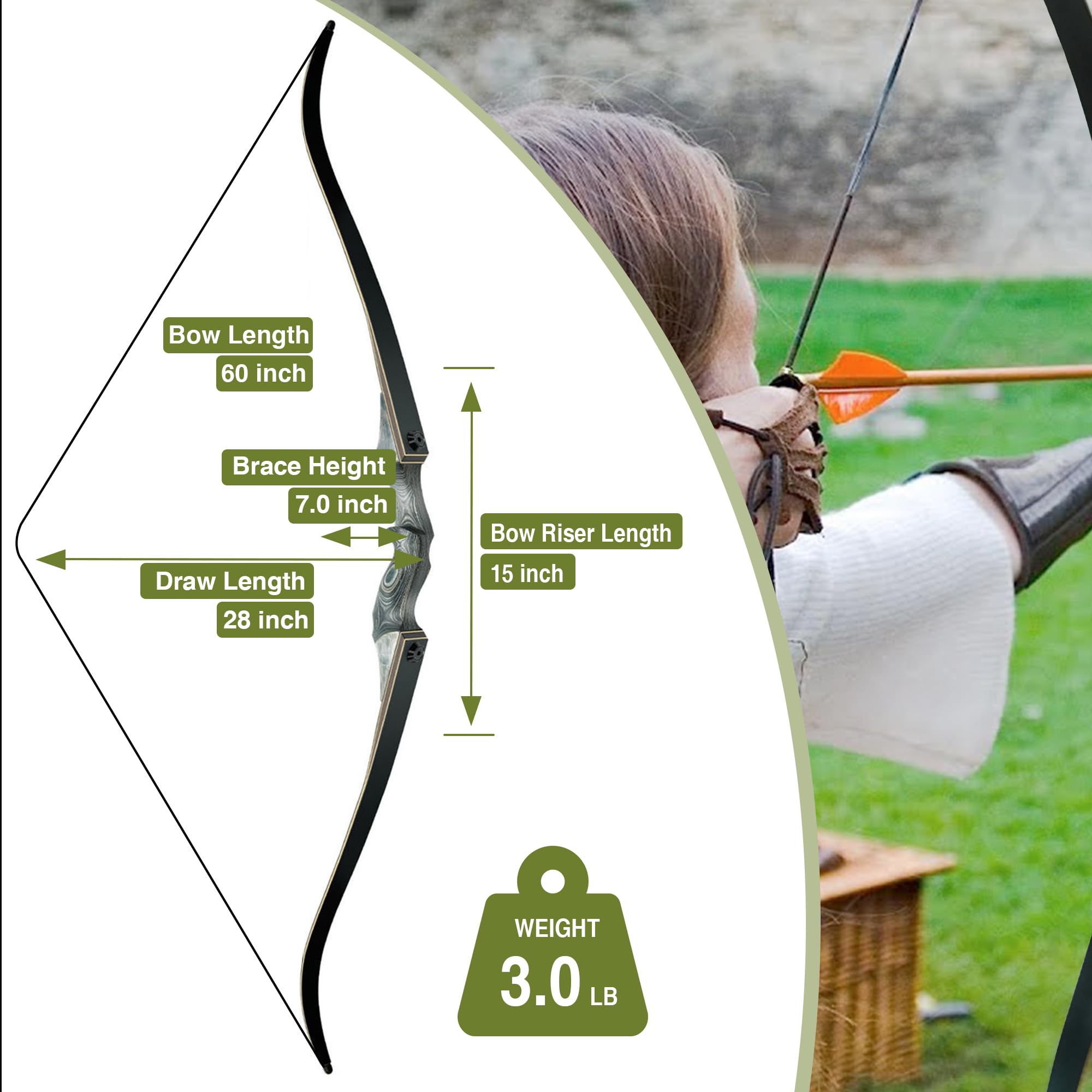 Black Hunter Takedown Recurve Bow, 60" Right Handed with Ergonomic Design for Outdoor Training Practice (30lb, Right)