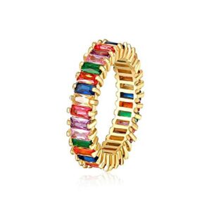 rainbow square baguette zircon engagement ring colorful cubic zirconia stackable eternity band ring gold filled copper geometric thin line multicolor pava cz finger ring for women party jewelry-6