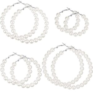 hicarer 4 pairs faux pearl hoop earrings for women large big drop dangle earrings pearl beaded earrings jewelry for women girlfriend brides gift (silver pearl hoop)