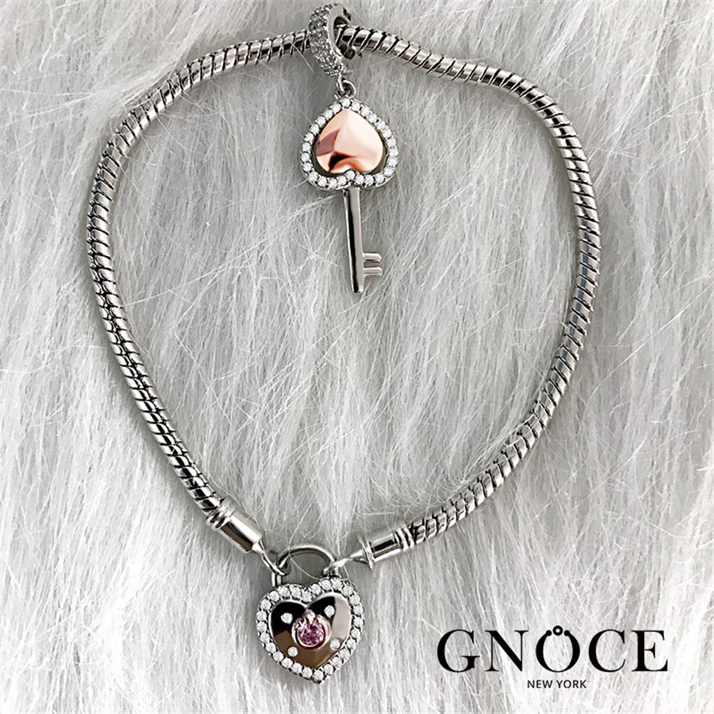 GNOCE Charm Bracelet Sterling Silver DIY Snake Chain Open My Heart Lock Basic Charm Bracelet Bangle with Heart Shaped Lock Clasp (8.7)