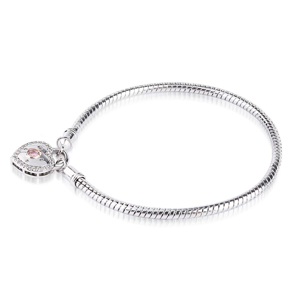 GNOCE Charm Bracelet Sterling Silver DIY Snake Chain Open My Heart Lock Basic Charm Bracelet Bangle with Heart Shaped Lock Clasp (8.7)