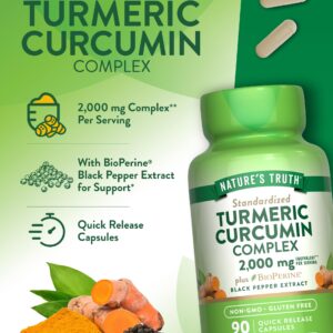 Nature's Truth Turmeric Curcumin Capsules | 2000mg | 90 Capsules | with 95% Standardized Curcuminoids and Bioperine | Non-GMO, Gluten Free Supplement