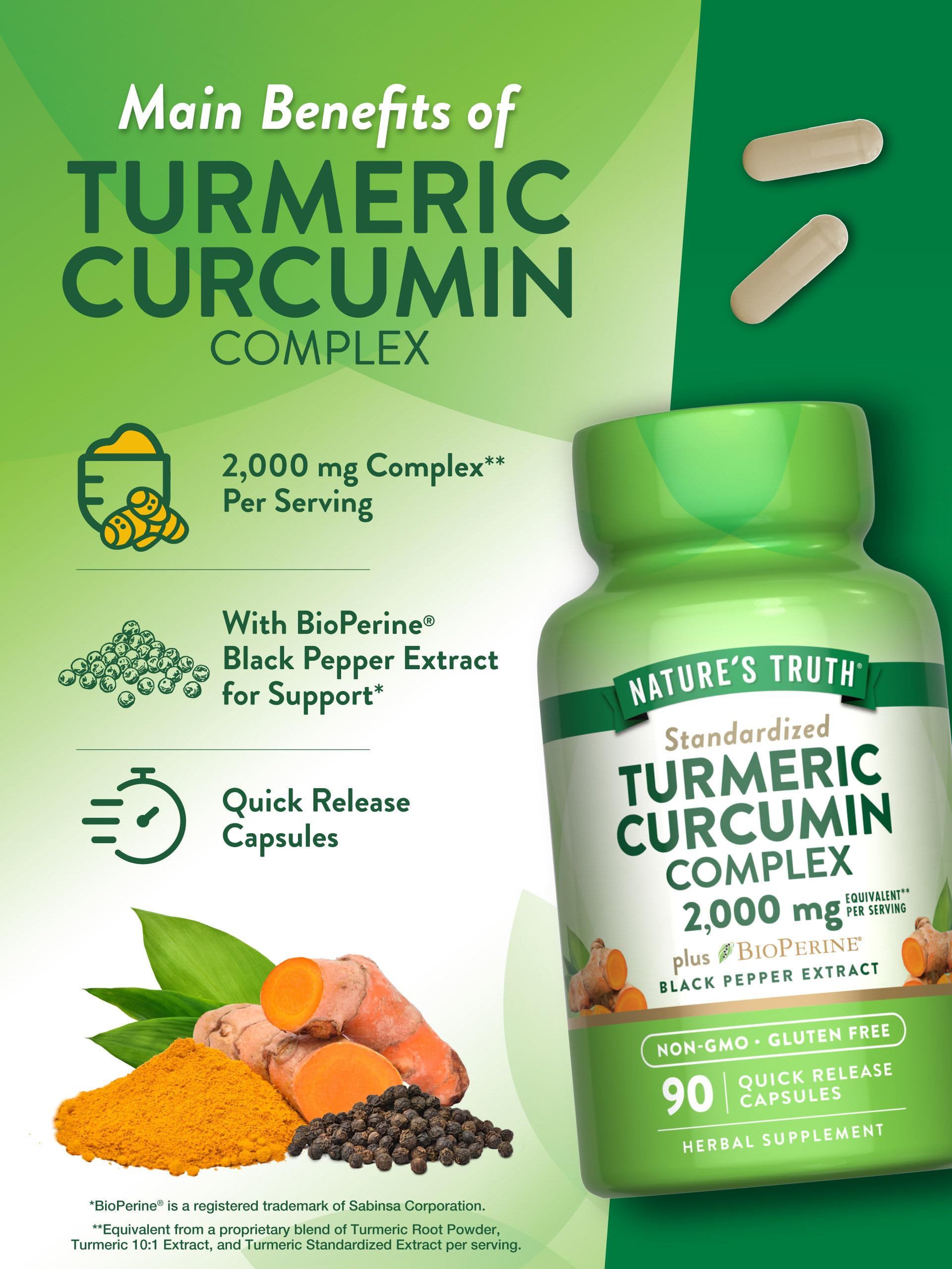 Nature's Truth Turmeric Curcumin Capsules | 2000mg | 90 Capsules | with 95% Standardized Curcuminoids and Bioperine | Non-GMO, Gluten Free Supplement