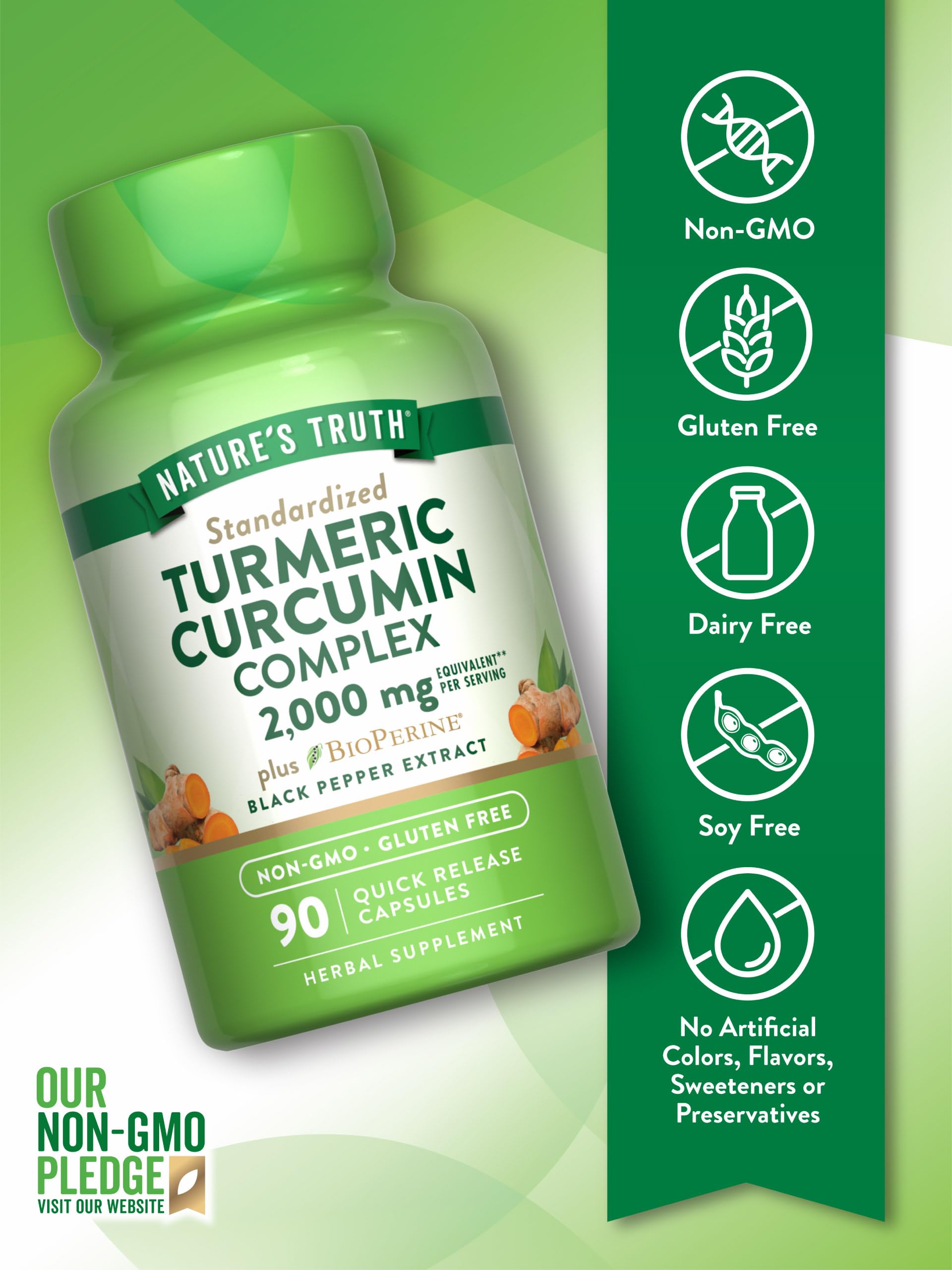 Nature's Truth Turmeric Curcumin Capsules | 2000mg | 90 Capsules | with 95% Standardized Curcuminoids and Bioperine | Non-GMO, Gluten Free Supplement