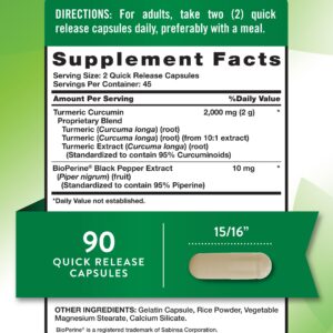 Nature's Truth Turmeric Curcumin Capsules | 2000mg | 90 Capsules | with 95% Standardized Curcuminoids and Bioperine | Non-GMO, Gluten Free Supplement