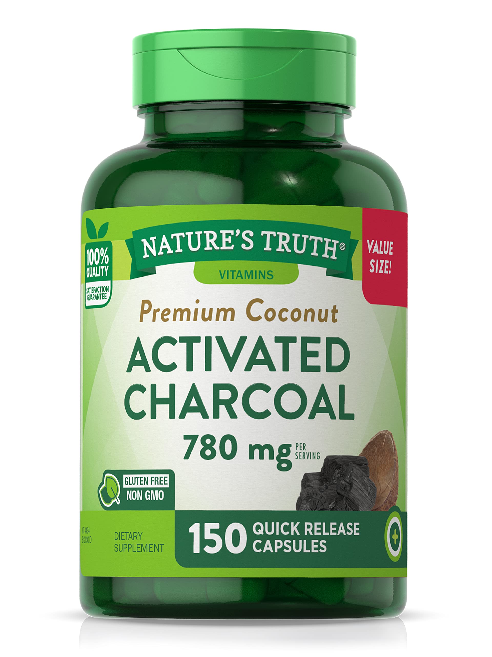 Nature's Truth Activated Charcoal Capsules 780mg | 150 Pills | Value Size | Non-GMO, Gluten Free Pills