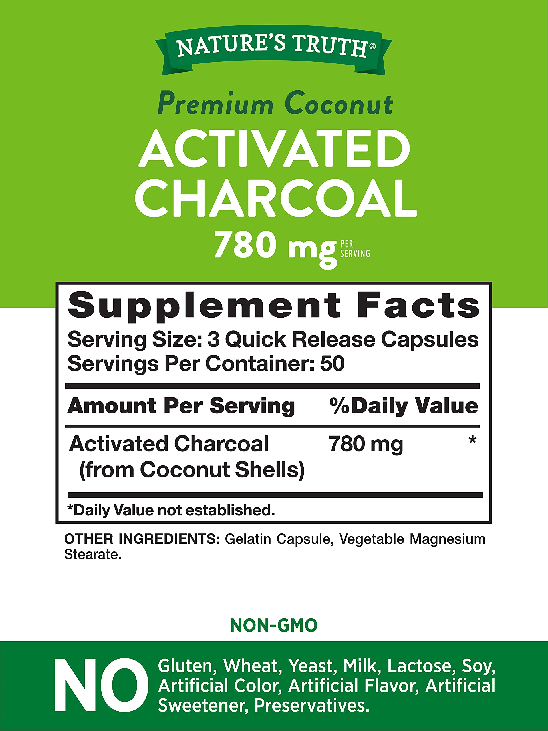 Nature's Truth Activated Charcoal Capsules 780mg | 150 Pills | Value Size | Non-GMO, Gluten Free Pills