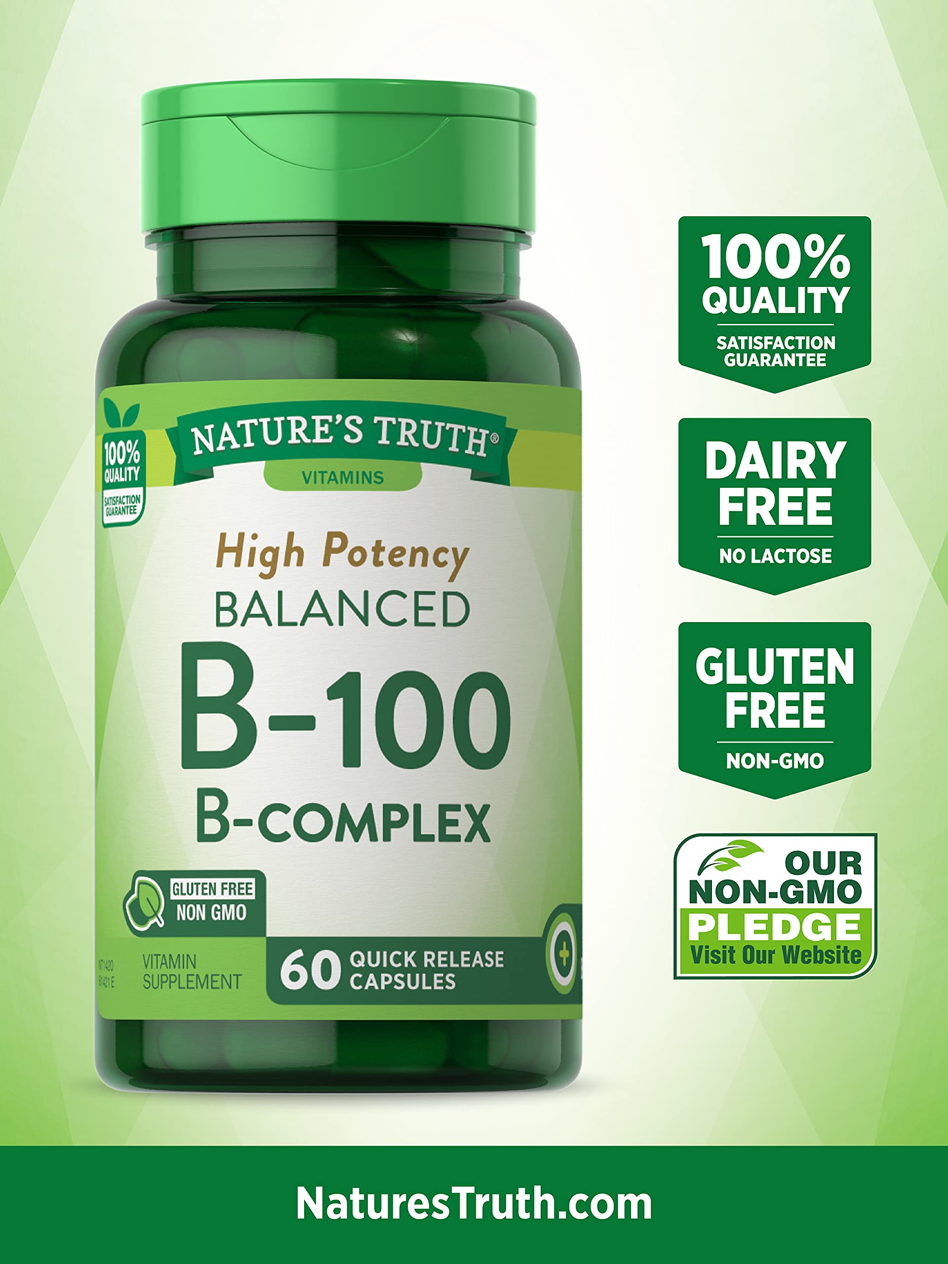 Vitamin B Complex | 60 Capsules | High Potency B-100 | Non-GMO & Gluten Free Supplement | by Nature's Truth