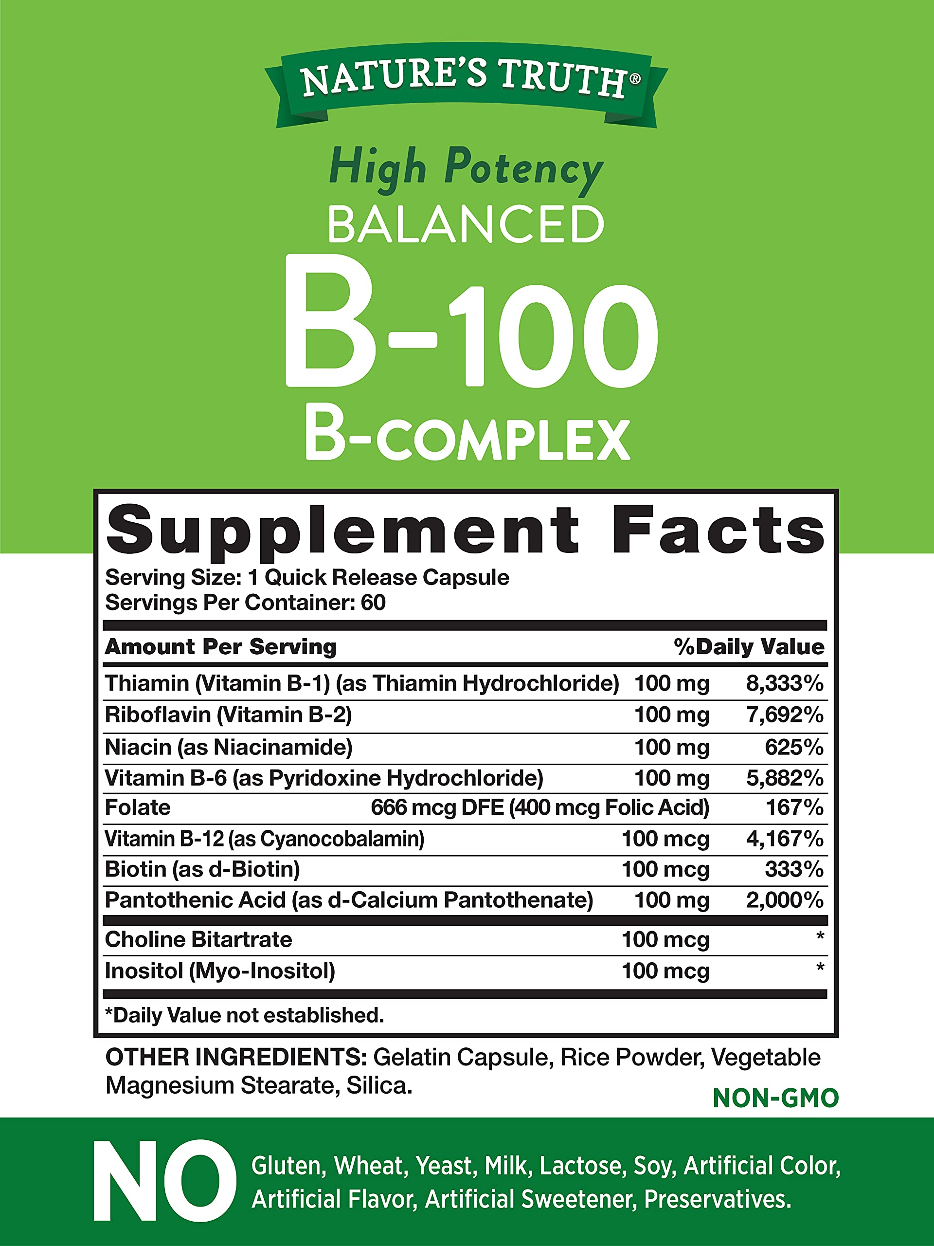 Vitamin B Complex | 60 Capsules | High Potency B-100 | Non-GMO & Gluten Free Supplement | by Nature's Truth