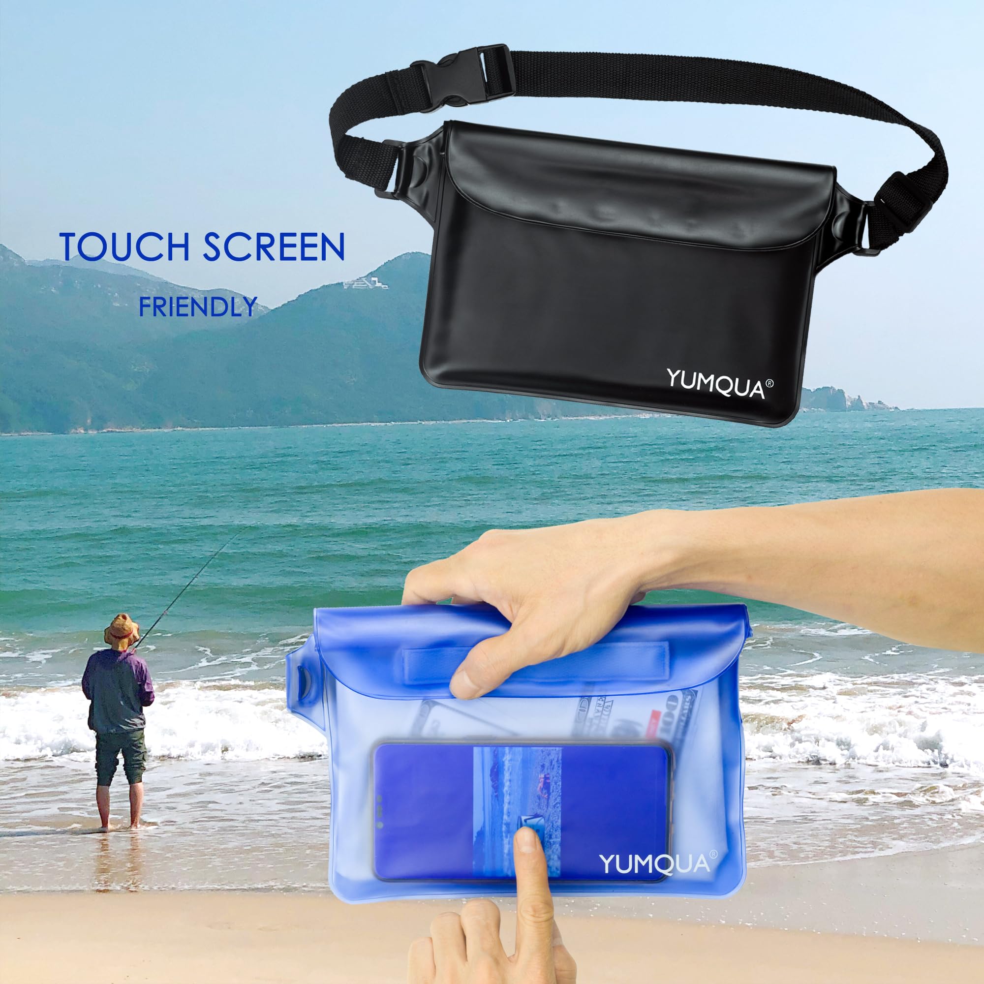 YUMQUA Waterproof Pouch with Waist Strap (2 Pack), Screen Touch Sensitive Waterproof Dry Bags for Boating Pool Swimming Kayaking Fishing Beach, Keep Your Phone and Valuables Safe and Dry (Blue&Black)