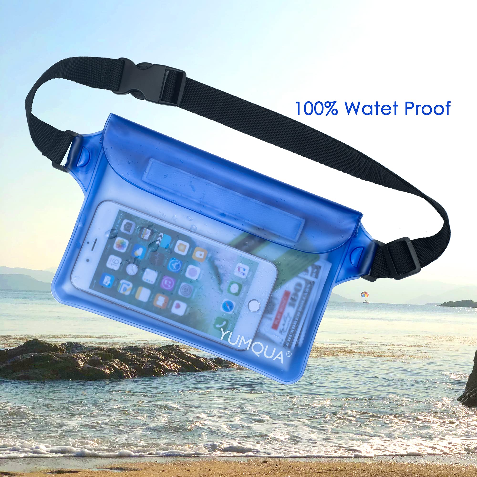 YUMQUA Waterproof Pouch with Waist Strap (2 Pack), Screen Touch Sensitive Waterproof Dry Bags for Boating Pool Swimming Kayaking Fishing Beach, Keep Your Phone and Valuables Safe and Dry (Blue&Black)