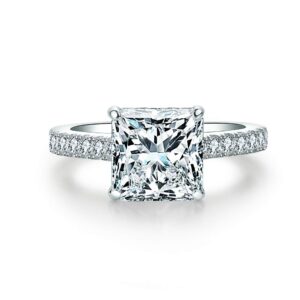 befab sterling silver classic 3 ct princess accented solitaire engagement ring square cut anniversary ring (silver, 7)