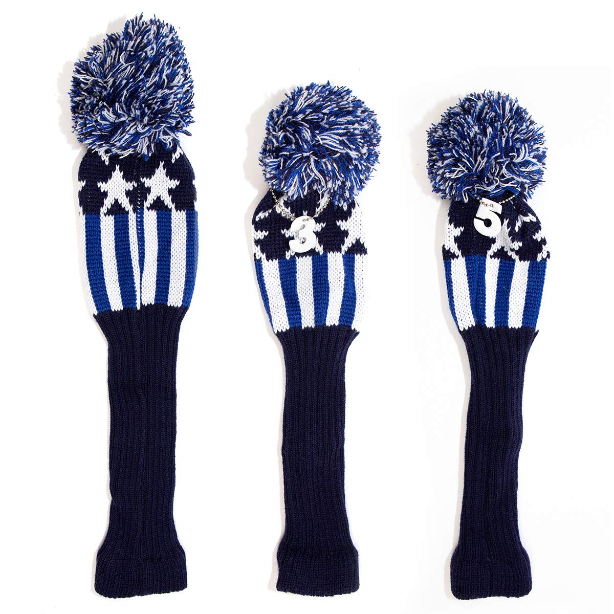 Stars and Stripes Exchangeable Long Neck Retro Golf Club Head Covers Set of 3 fit for 460cc Driver Wood Fairway Wood Rescue Hybrid Utility UT,for Men/Women Golfers Breathable Machine Washable