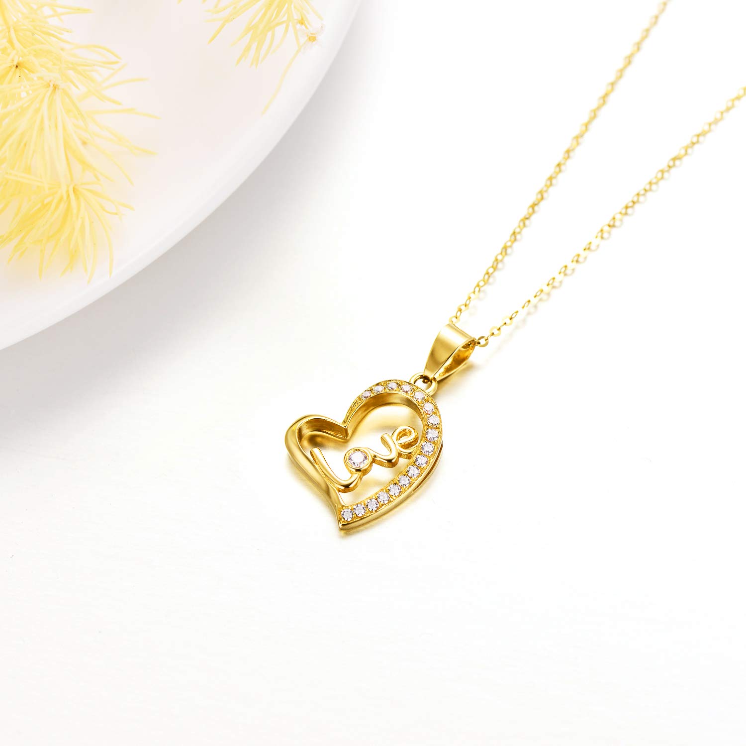 SISGEM 14K Solid Yellow Gold Love Heart Necklace for Women, Love Heart Pendant Birthday Anniversary Christmas Jewelry Gifts forHer, Mom, Wife 16"-18"