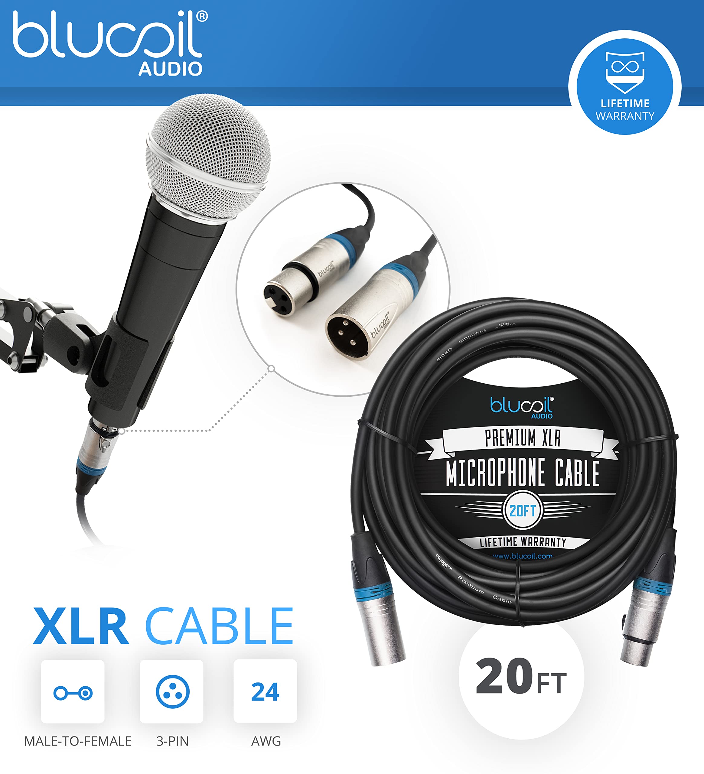 Blucoil Audio 2-Pack of 10-FT Balanced XLR Cables - Premium Series 3-Pin Cable for Microphones, Speakers, and Pro Devices (Male-to-Female)