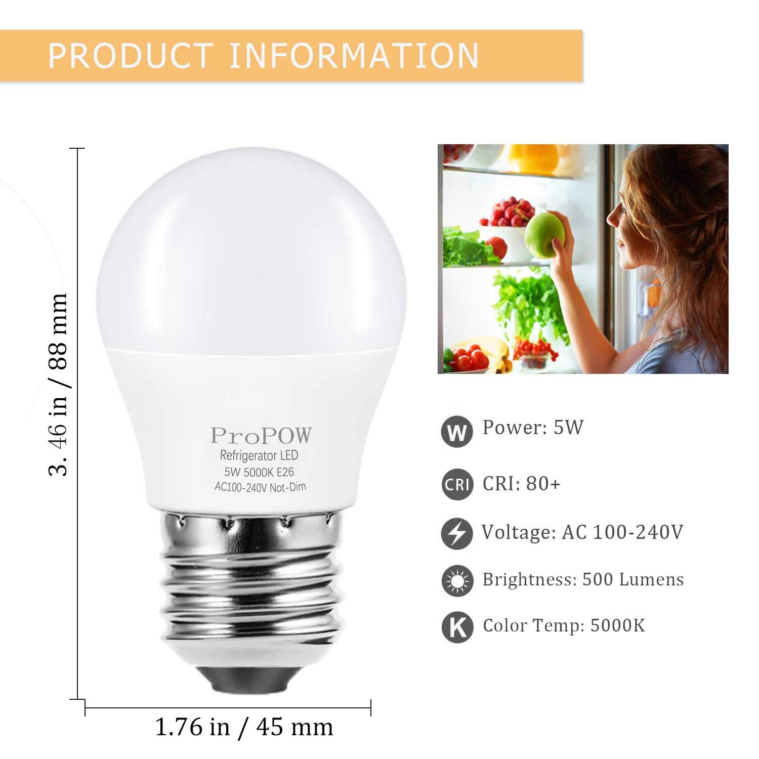 ProPOW LED Refrigerator Light Bulb, 40W Equivalent 120V A15 Fridge Bulbs 5 Watt Daylight White 5000K E26 Medium Base, Energy Saving Freezer Ceiling Home Lighting, Not-Dim, Waterproof, 4 Pack