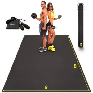 large exercise mat 8' x 6' x 7mm | ultra-durable non-slip rubber workout mat for home gym flooring | ideal for cardio, fitness, plyo, mma and yoga | jump rope and storage bag included - black