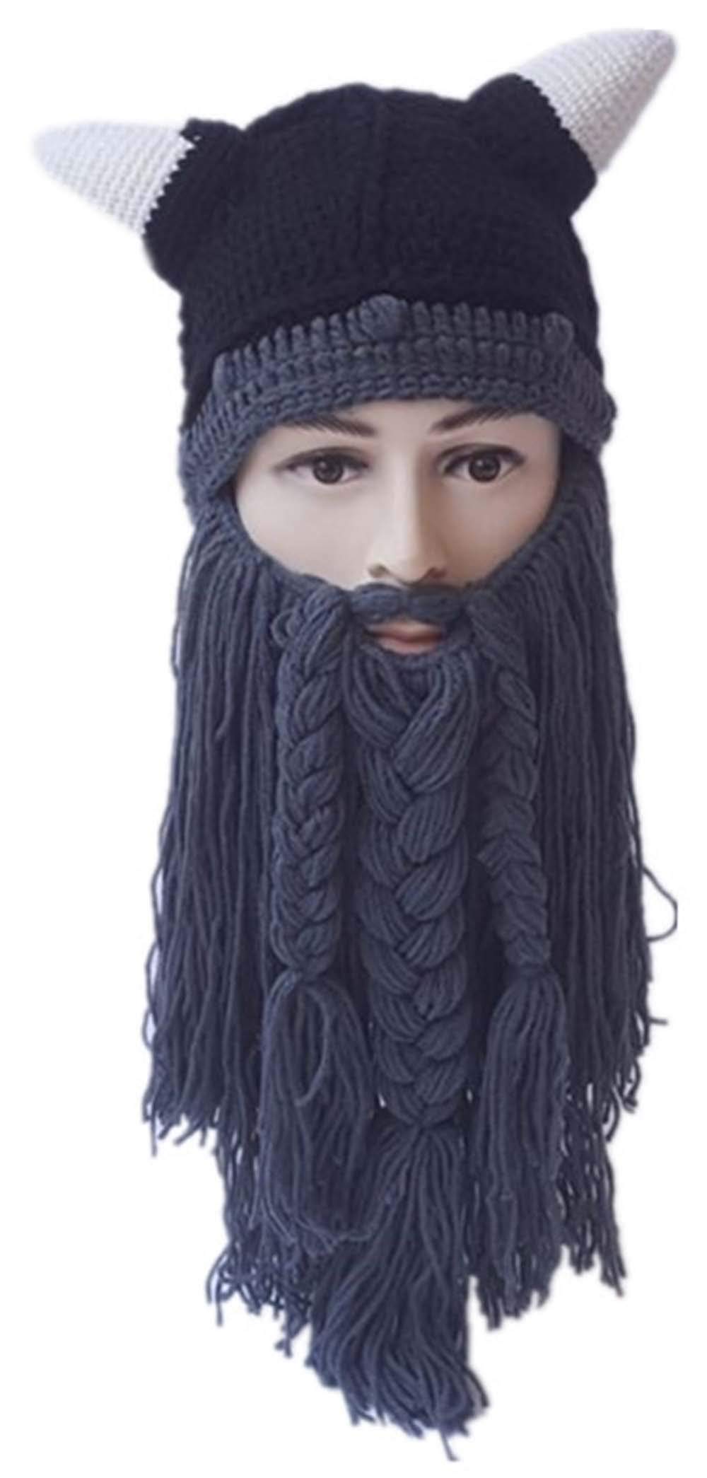 Funny Knit Hat Creative Beanie Beard Original Barbarian Knit Beard Hat Halloween Caps Beard Facemask (Long Grey)