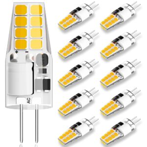 g4 led bulb 3w equivalent to 20w-25w t3 jc type bi-pin g4 base halogen bulb, ac/dc 12v warm white 3000k g4 light bulbs for puck light, rv, under cabinet lighting, landscape lighting (10 pack)