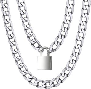 leweceeo padlock necklace stainless steel lover heart lock collar choker for men women silver 16-20 inch