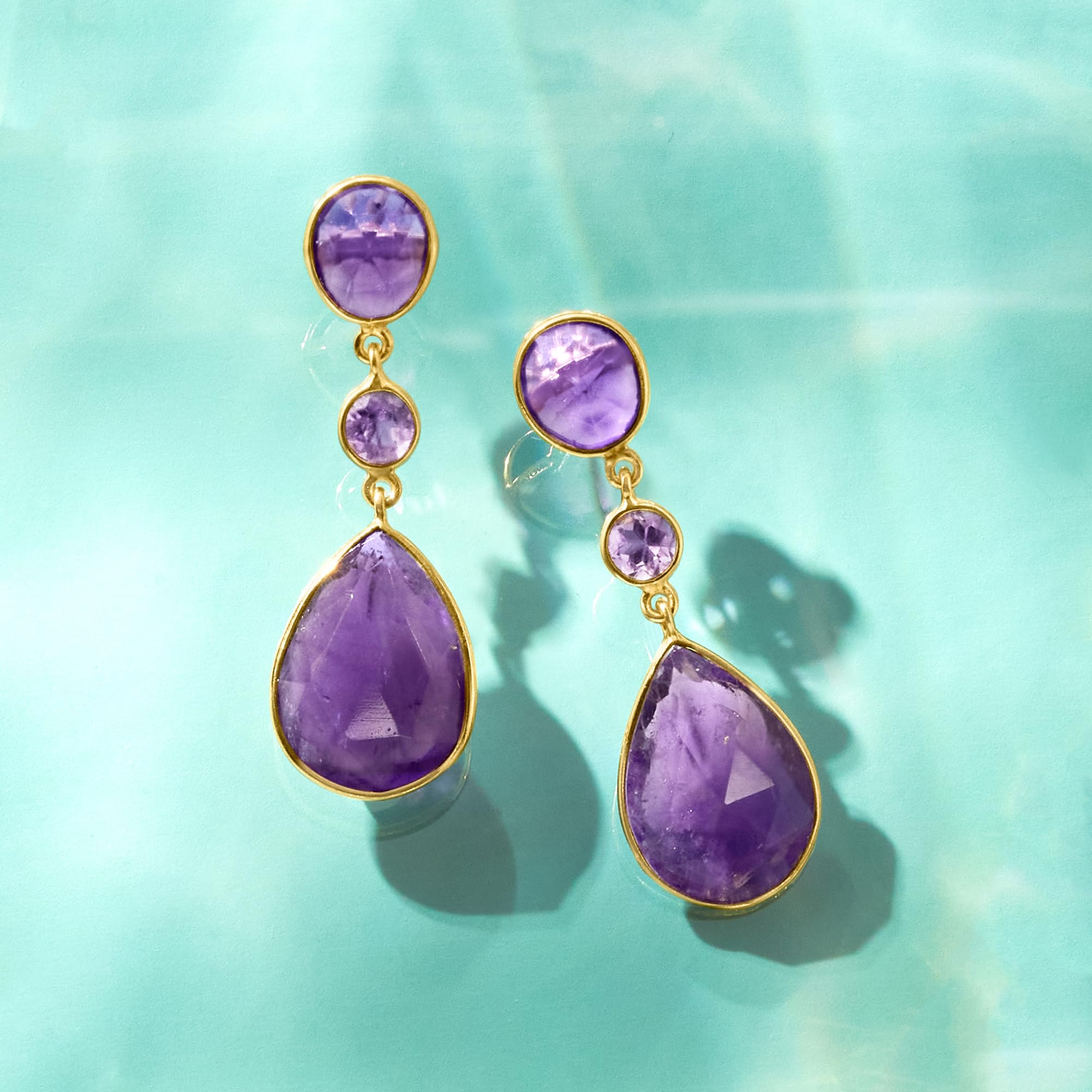 Ross-Simons 24.50 ct. t.w. Amethyst Drop Earrings in 18kt Gold Over Sterling