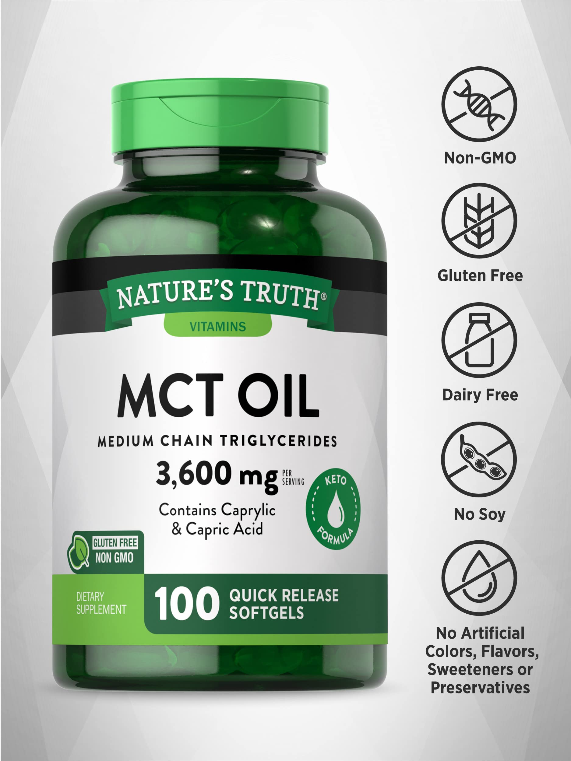 Nature's Truth MCT Oil Capsules | 100 Softgels | Keto Friendly Coconut Oil Pills | Non-GMO, Gluten Free