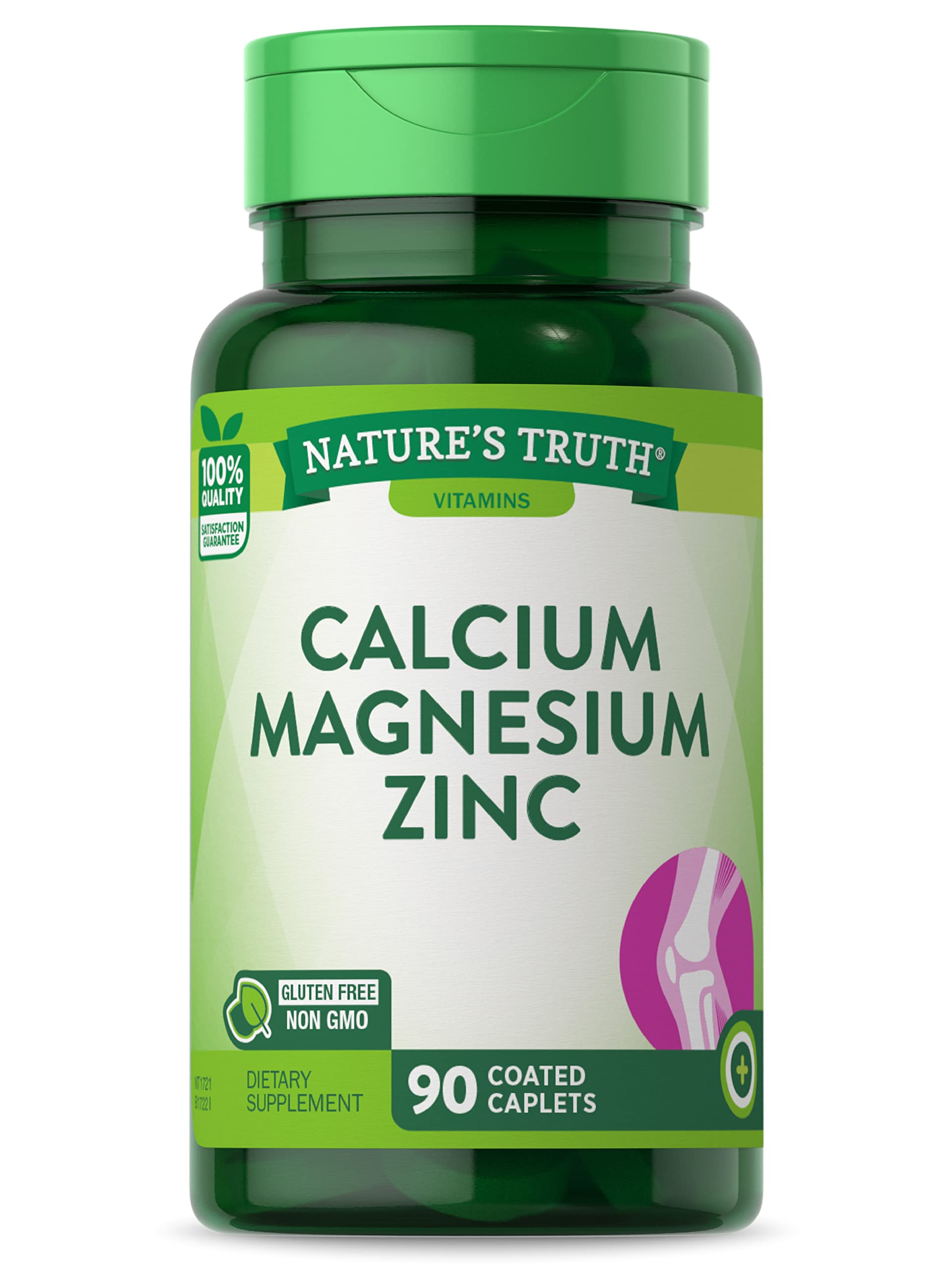 Calcium Magnesium Zinc Supplement | 90 Caplets | Non-GMO and Gluten Free | by Nature's Truth