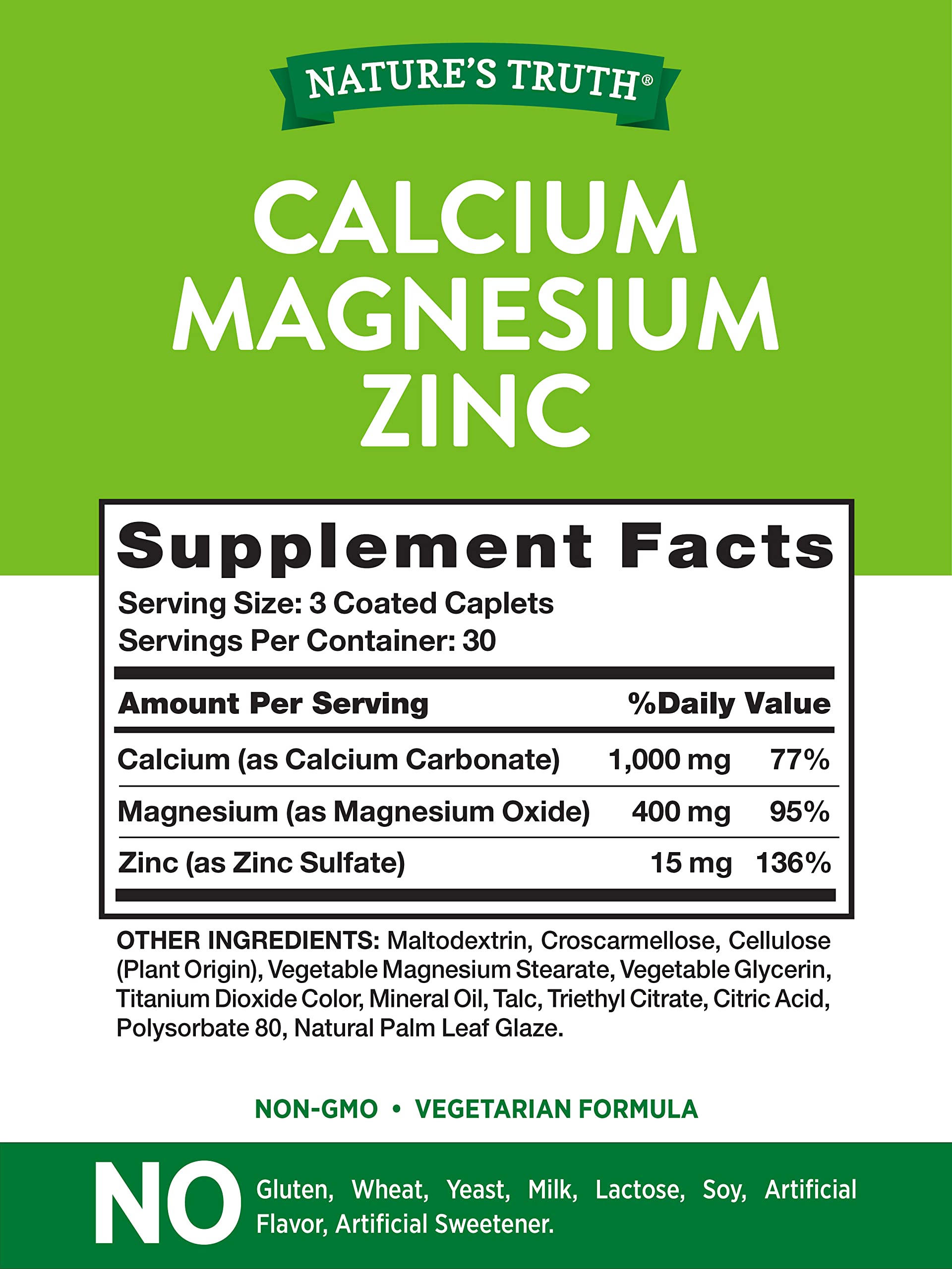 Calcium Magnesium Zinc Supplement | 90 Caplets | Non-GMO and Gluten Free | by Nature's Truth