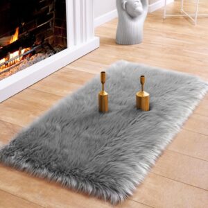 ciicool grey fur rug fluffy rug, 2x4 ft small faux fur rug for bedroom, washable faux sheepskin rug for sofa couch seat cushion, thick shaggy furry rugs floor carpets for bedside living room