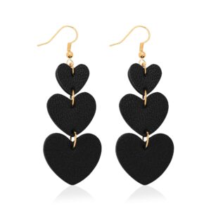 jagucho leather earrings dangle for women, lightweight heart earrings drop (black 42)