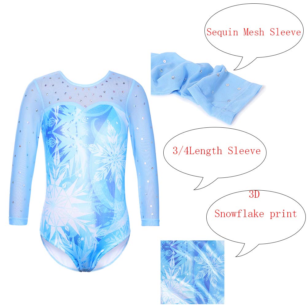 TFJH E Girls Gymnastic Leotards 3/4 Sleeve Mesh Practice Outfits size 5-6, SnowflakeBlue 6A