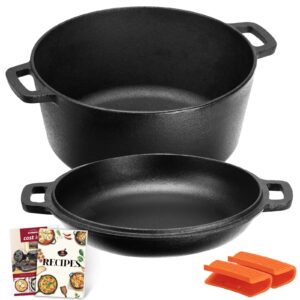 overmont 2 in 1 pre seasoned dutch oven with skillet lid for induction, electric, grill, stovetop, bbq, camping (5 quart)