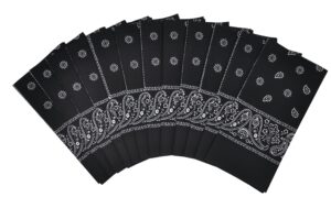 vamqor 12pcs bandana for women and men 100% cotton custom fashion paisley design multifunctional outdoor square handkerchief（black）