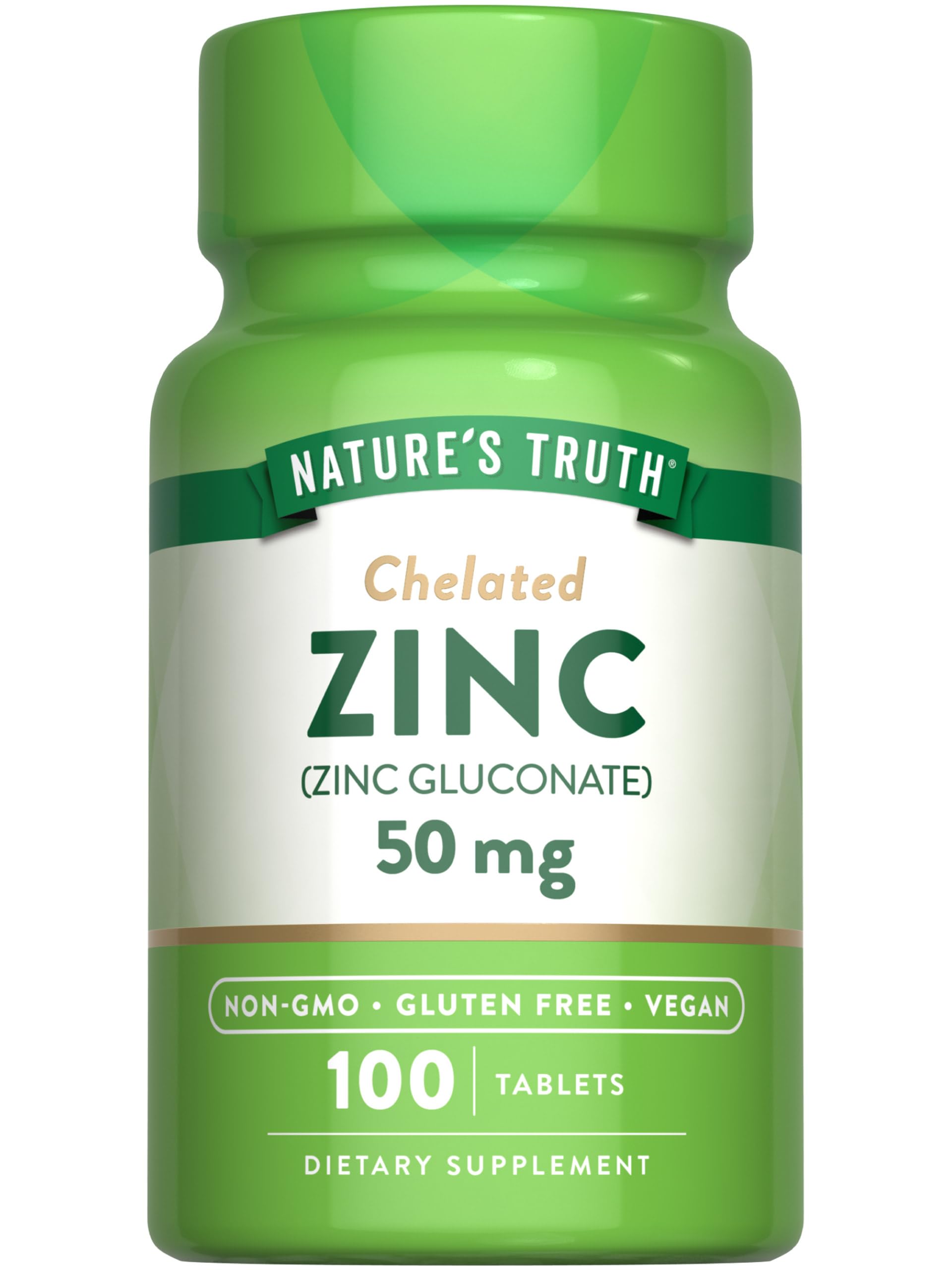 Nature's Truth Chelated Zinc 50mg | 100 Tablets | Essential Mineral Supplement | from Zinc Gluconate | Vegetarian, Non-GMO, Gluten Free