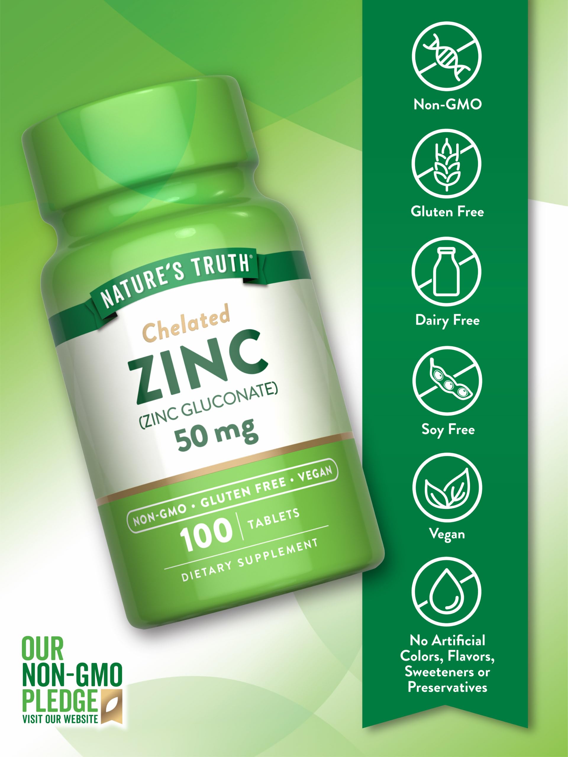 Nature's Truth Chelated Zinc 50mg | 100 Tablets | Essential Mineral Supplement | from Zinc Gluconate | Vegetarian, Non-GMO, Gluten Free