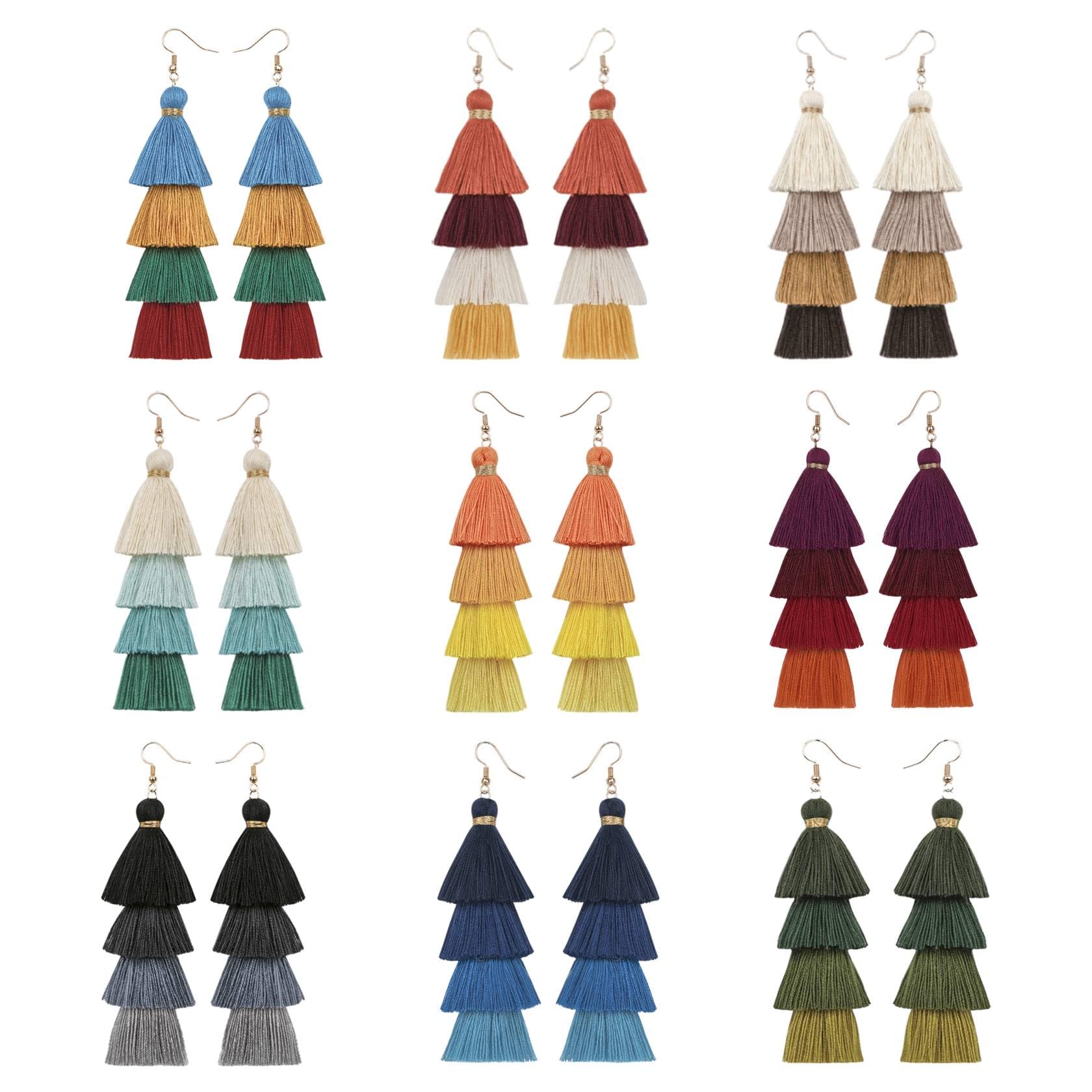 Milakoo 9 Pairs Colorful Tassel Earrings Long Layered Dangle Earrings Bohemian Drop Earrings