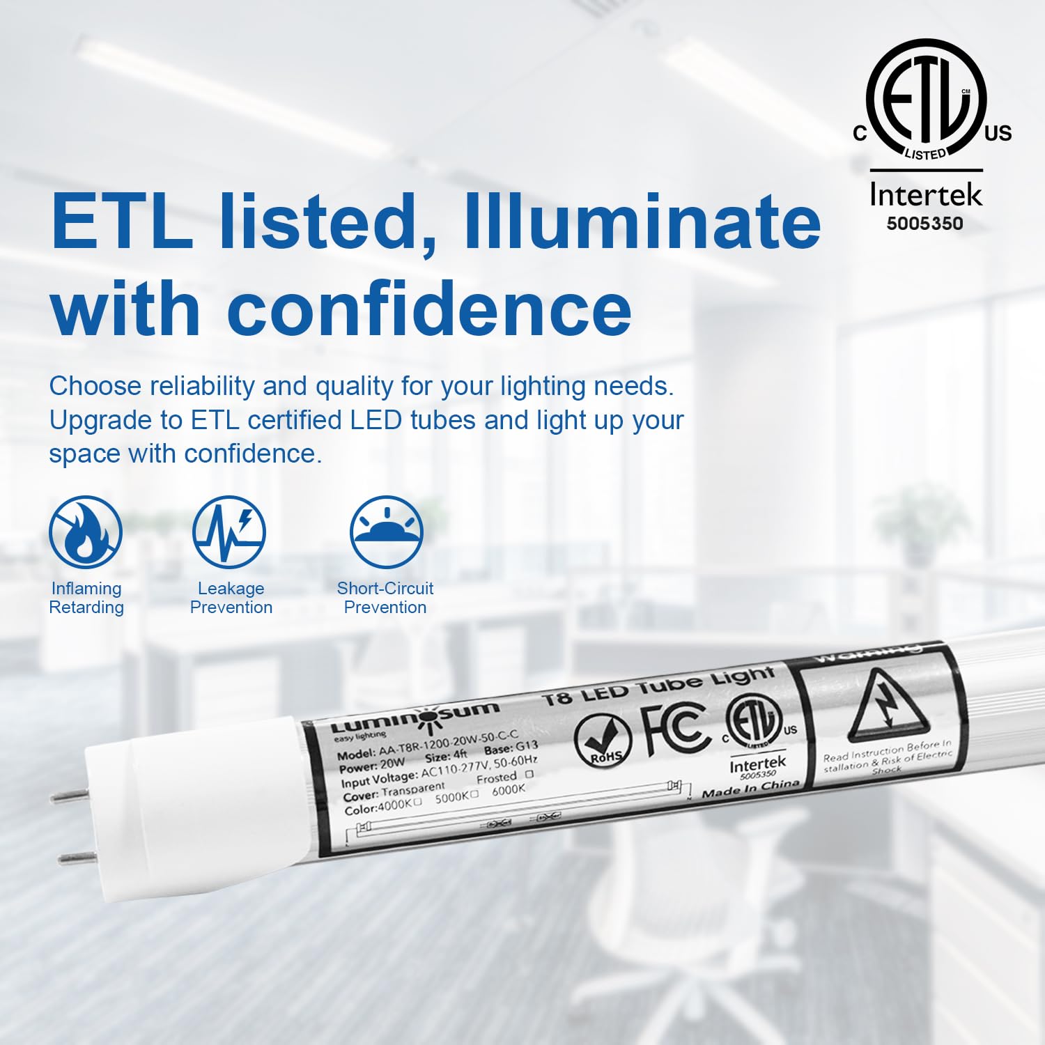 LUMINOSUM T8/T10/T12 4 Foot LED Light Tube 20W 48 inch, 40W Equivalent, Daylight 5000K, Clear Cover, Dual-end Powered, Ballast Bypass Retrofit, ETL Listed, 25-Pack