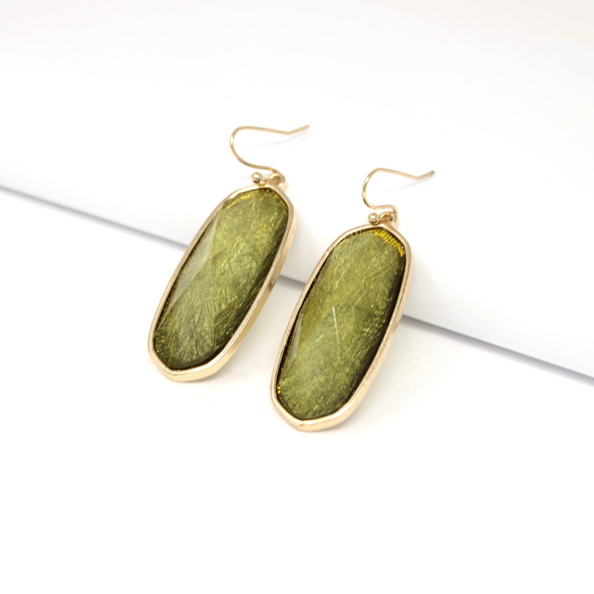 POMINA Fashion Statement Green Resin Oval Teardrop Earrings for Women Colorful Sparkle Faceted Crystal Glass Dangle Drop Earrings (Oval- Olive)